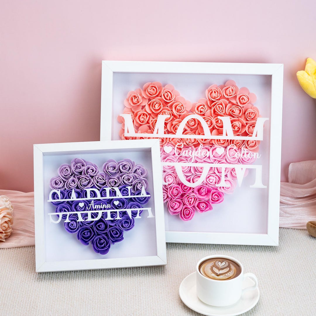 Custom Mom Flower Shadow Box, Roses Shadow Box With Names, Mother's Day ...