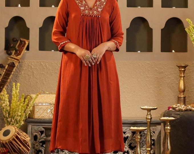 Rust Embroidered Chanderi Silk Kurta Set A Line Festive Suit Beads