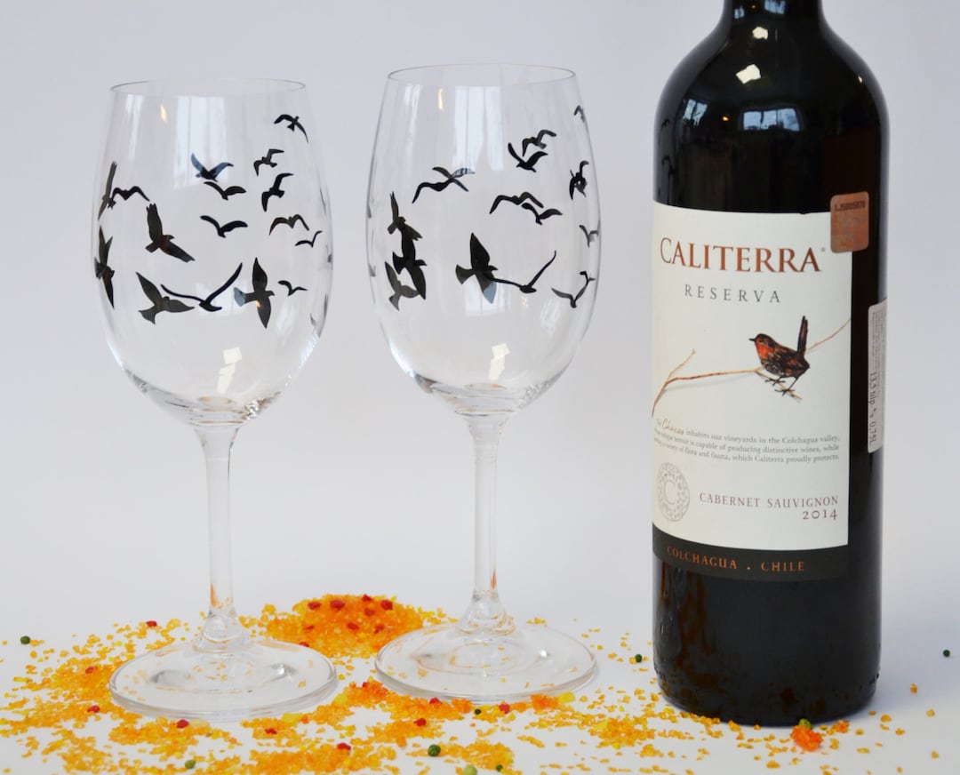 Set of 2 Hand Painted Wine Glasses Black Crows Illustration - Etsy