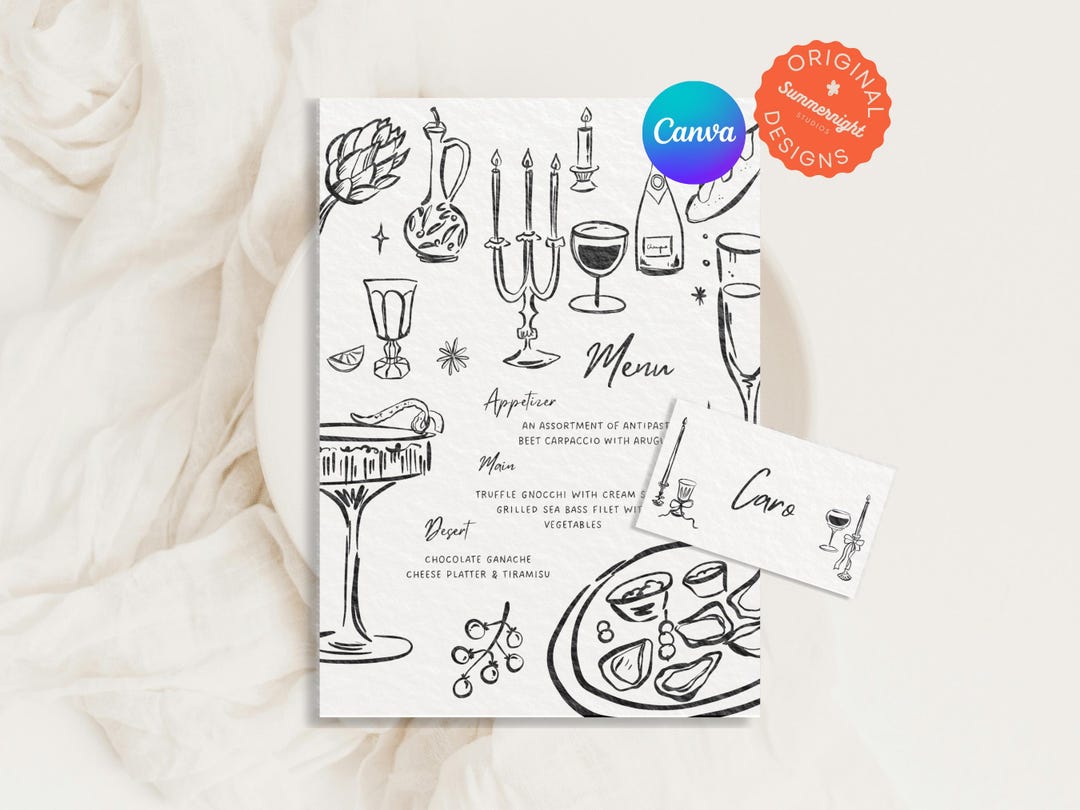 FOOD MENU & Place Card Template | Customizable Canva Template | Hand ...