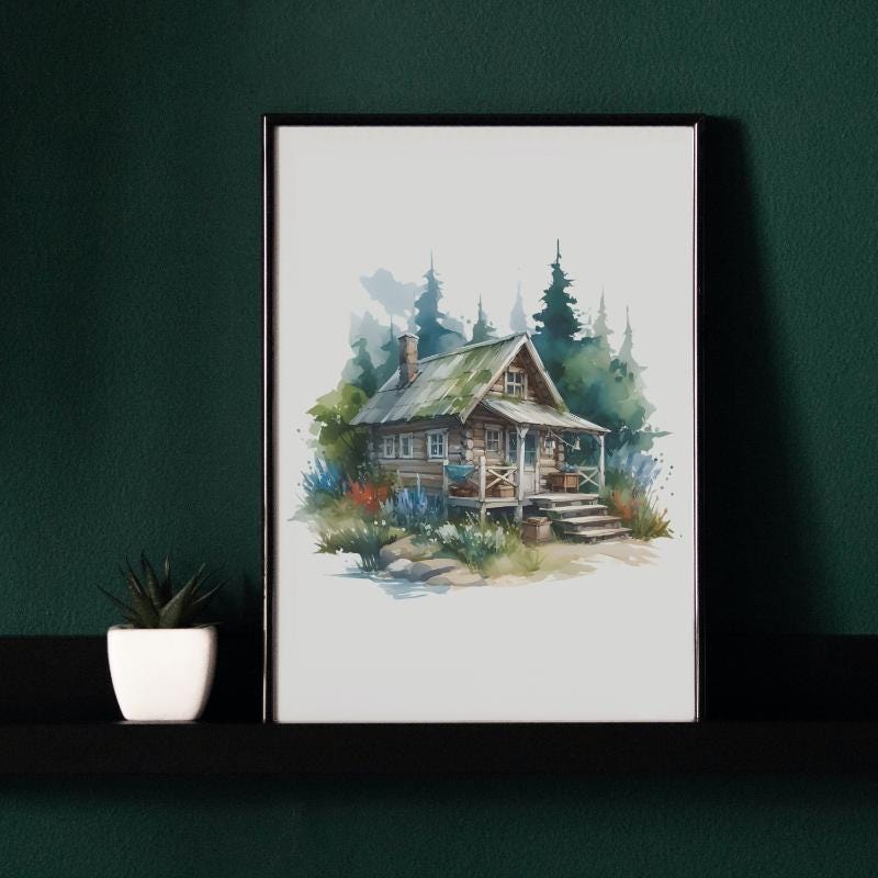 Forest Cabin Watercolor Print, Rustic Wall Art, Digital Download ...