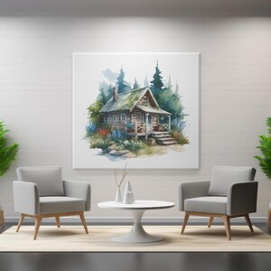 Forest Cabin Watercolor Print, Rustic Wall Art, Digital Download ...