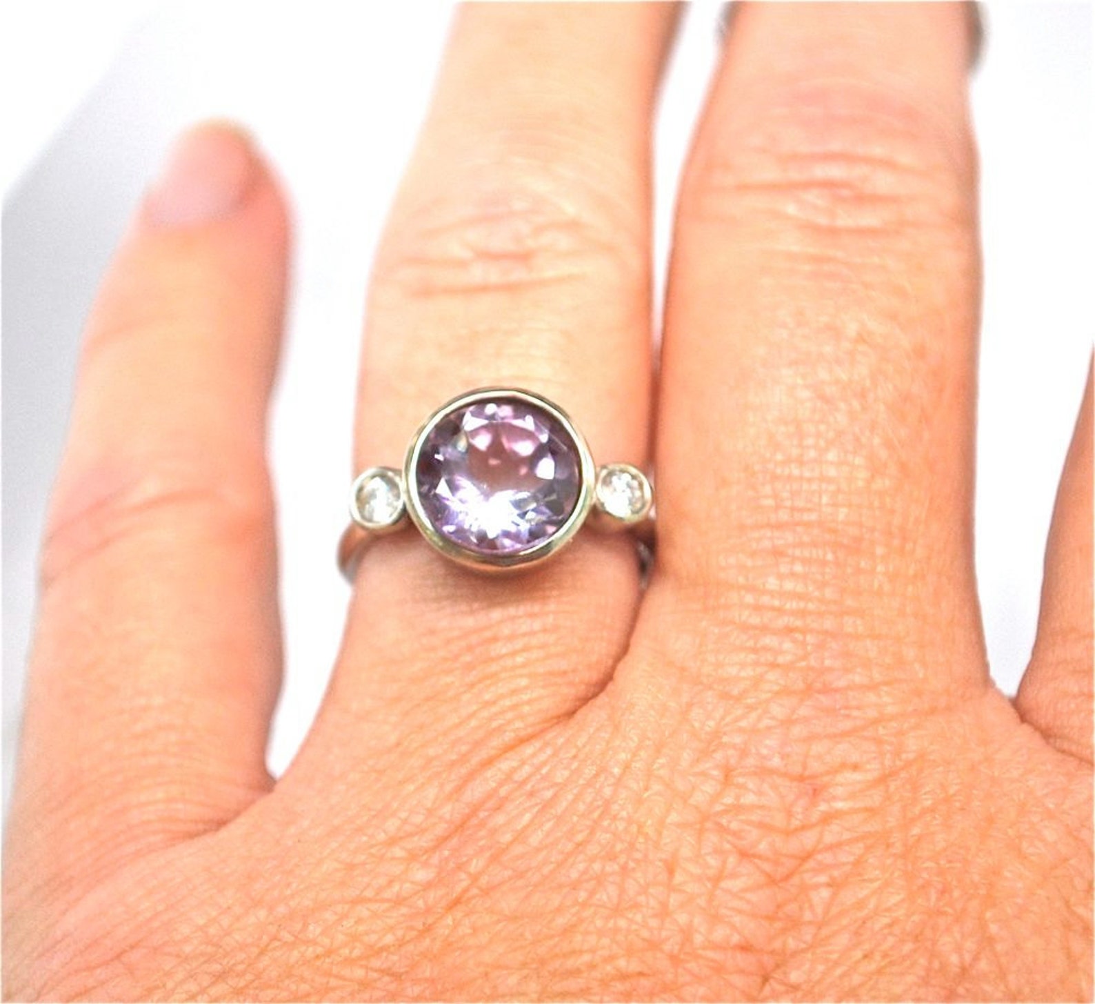 Three Stone Diamond Ring Pink Amethyst 14k White Gold - Etsy