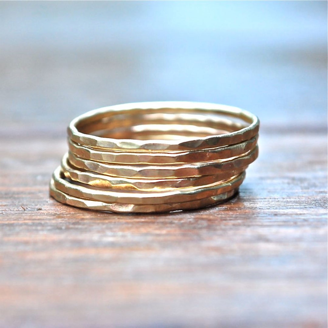Micro Thin Super Skinny Hammered 10k Gold Stack Rings Set of Stack ...