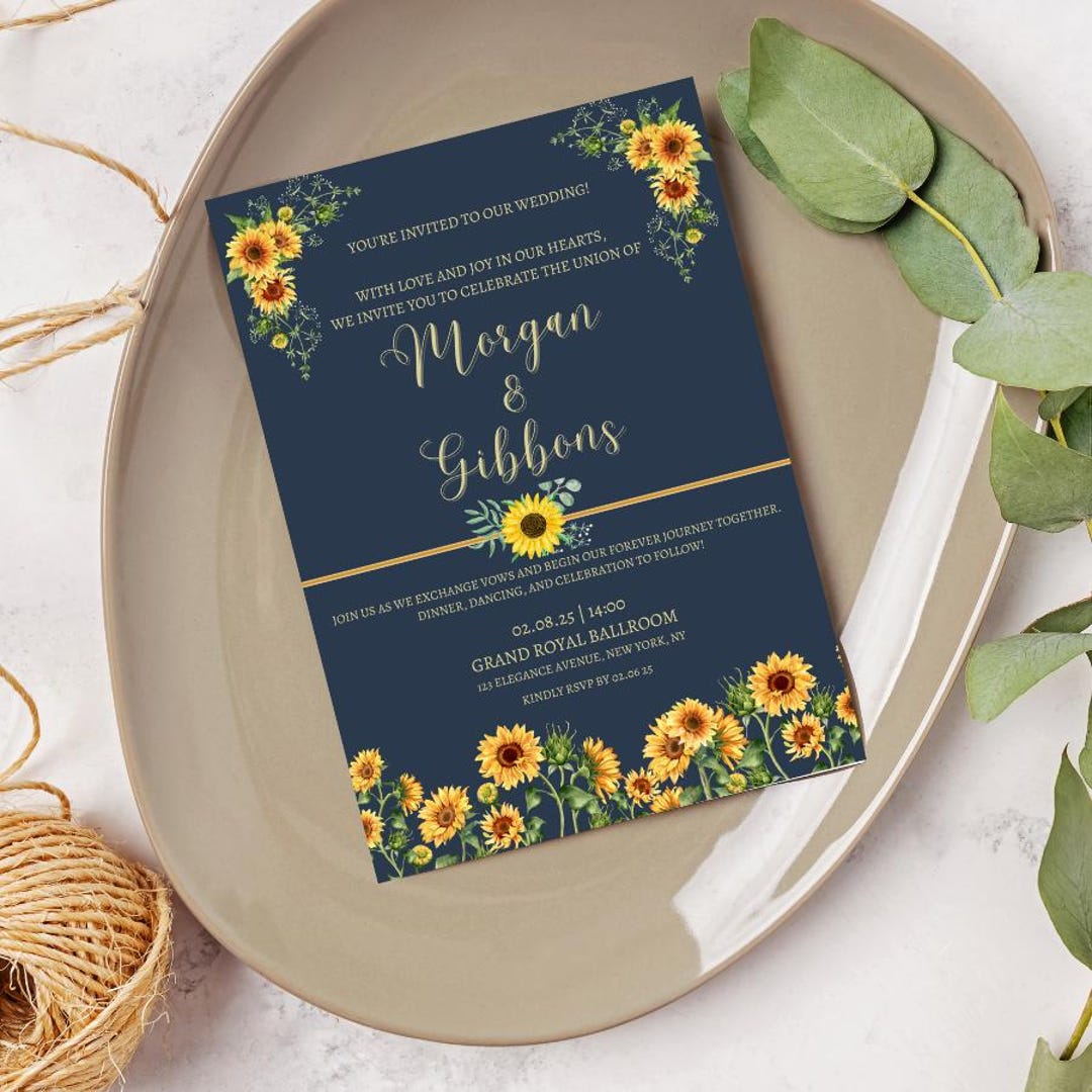 Sunflower Wedding Invitation, Printable, Editable, Yellow Flower, Boho ...