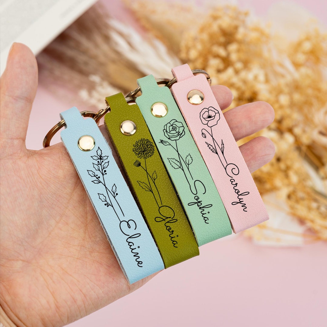 Birth Flower Leather Keychain, Party Favor Keychain, Backpack Tags ...