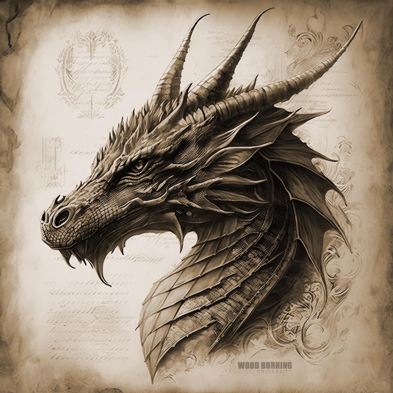 Dragon Head Wood Burning Pattern – Fantasy Pyrography Design, Printable ...