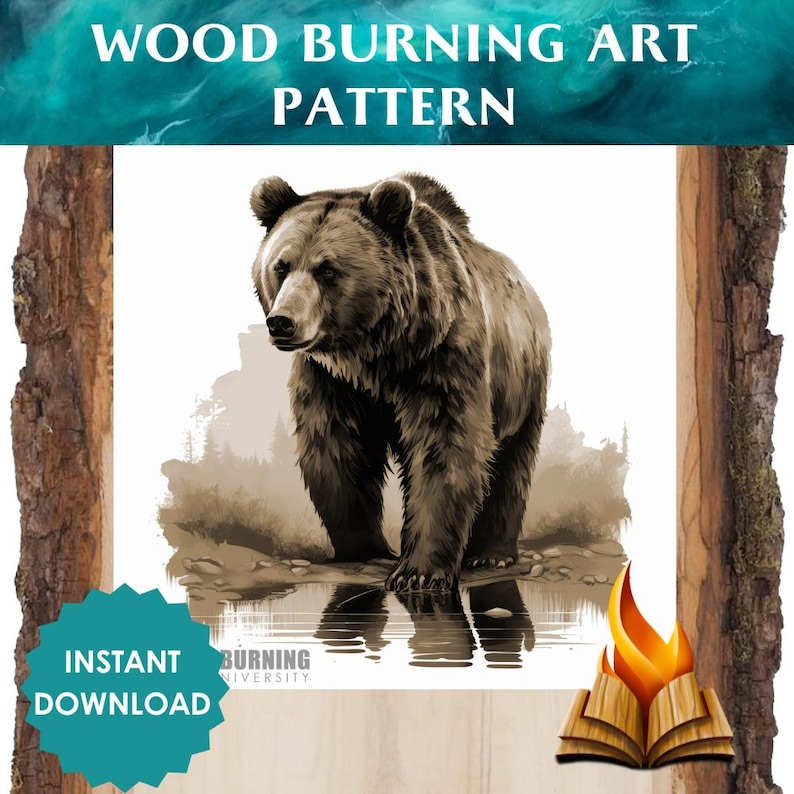Bear Wood Burning Pattern – Realistic Pyrography Design, Wildlife Art Template, Grizzly Bear in ...