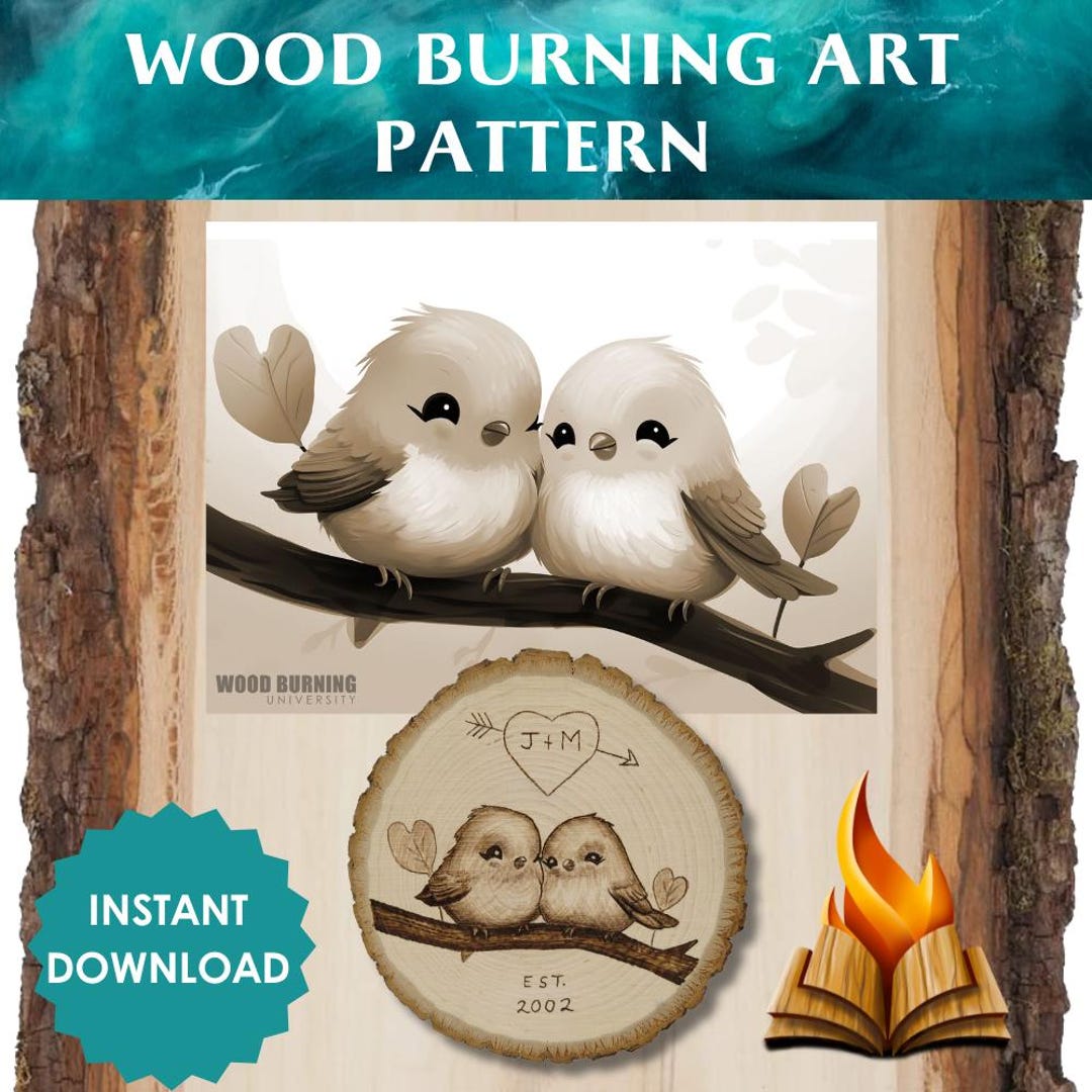 Cute Lovebirds Wood Burning Pattern – Printable Pyrography Design, DIY ...