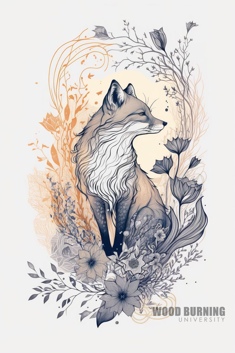 Fox and Floral Wood Burning Pattern – Intricate Pyrography Design ...