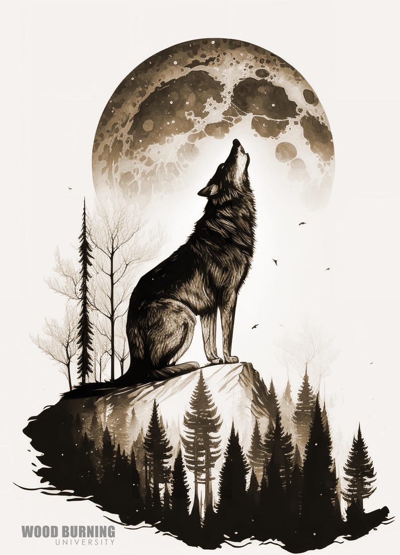 Howling Wolf Wood Burning Pattern – Moonlit Forest Pyrography Design, Wildlife-inspired ...