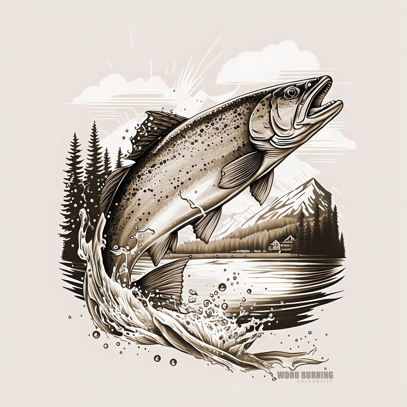 Jumping Fish Wood Burning Pattern – Trout Pyrography Design, Fishing ...