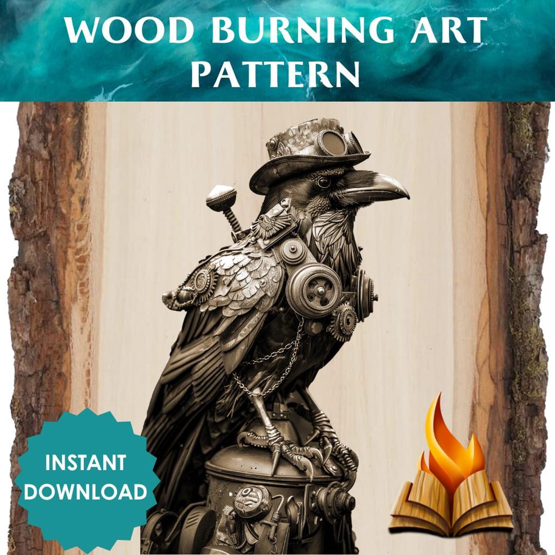 Steampunk Raven Wood Burning Pattern – Intricate Pyrography Design ...