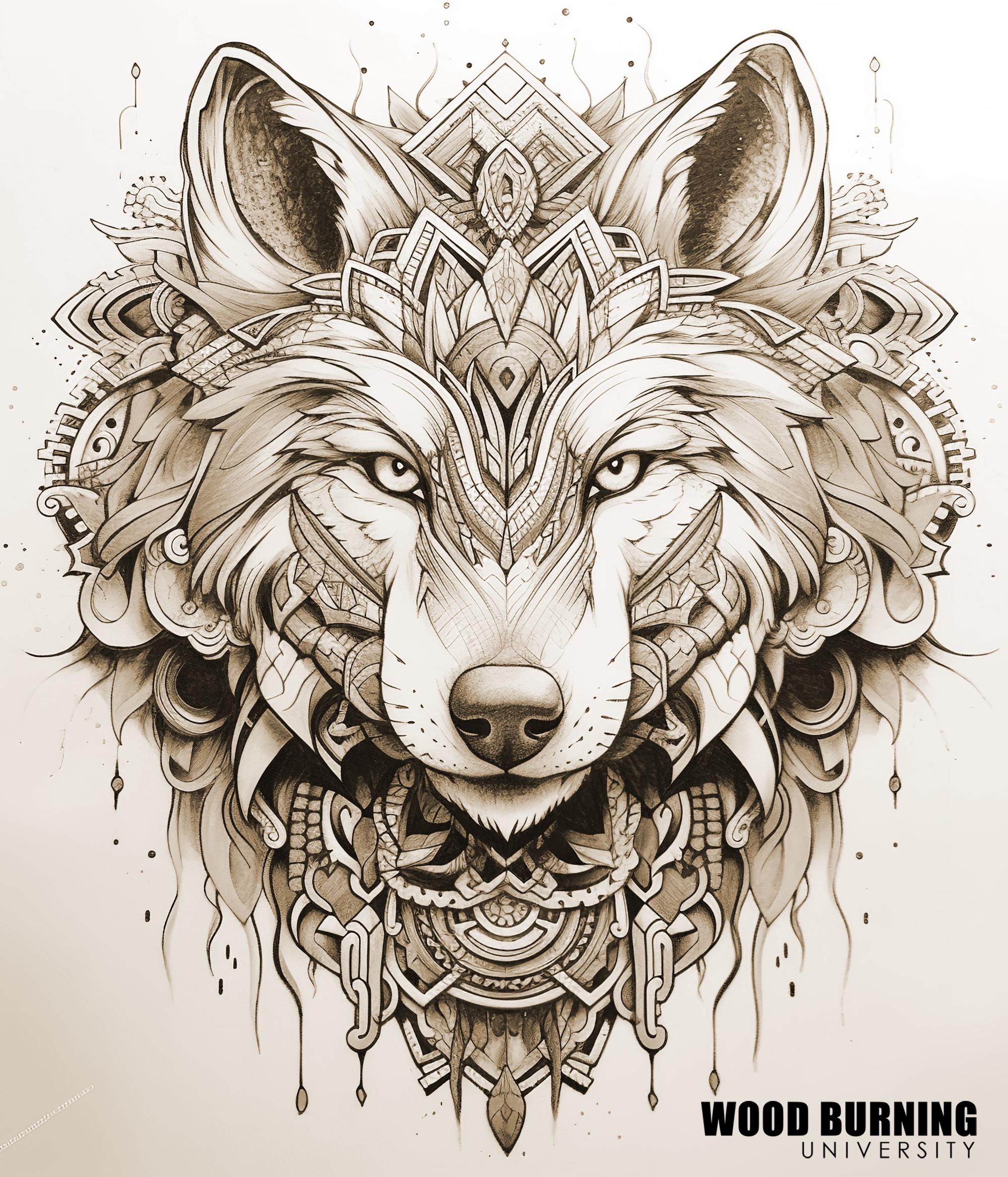 Intricate Wolf Wood Burning Pattern – Detailed Pyrography Design ...