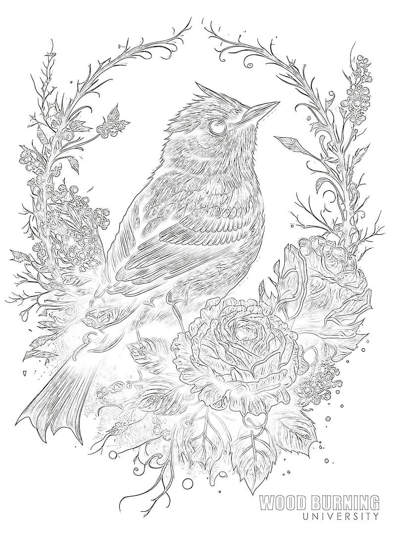 Floral Bird Pyrography Pattern – Elegant Wood Burning Art (digital ...