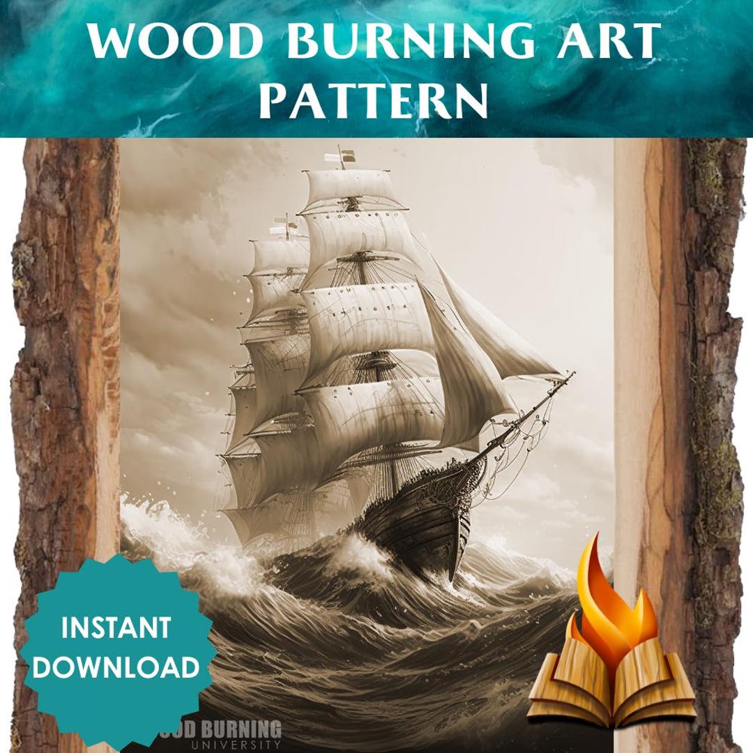 Tall Ship Wood Burning Pattern – Nautical Pyrography Design, Stormy Sea ...