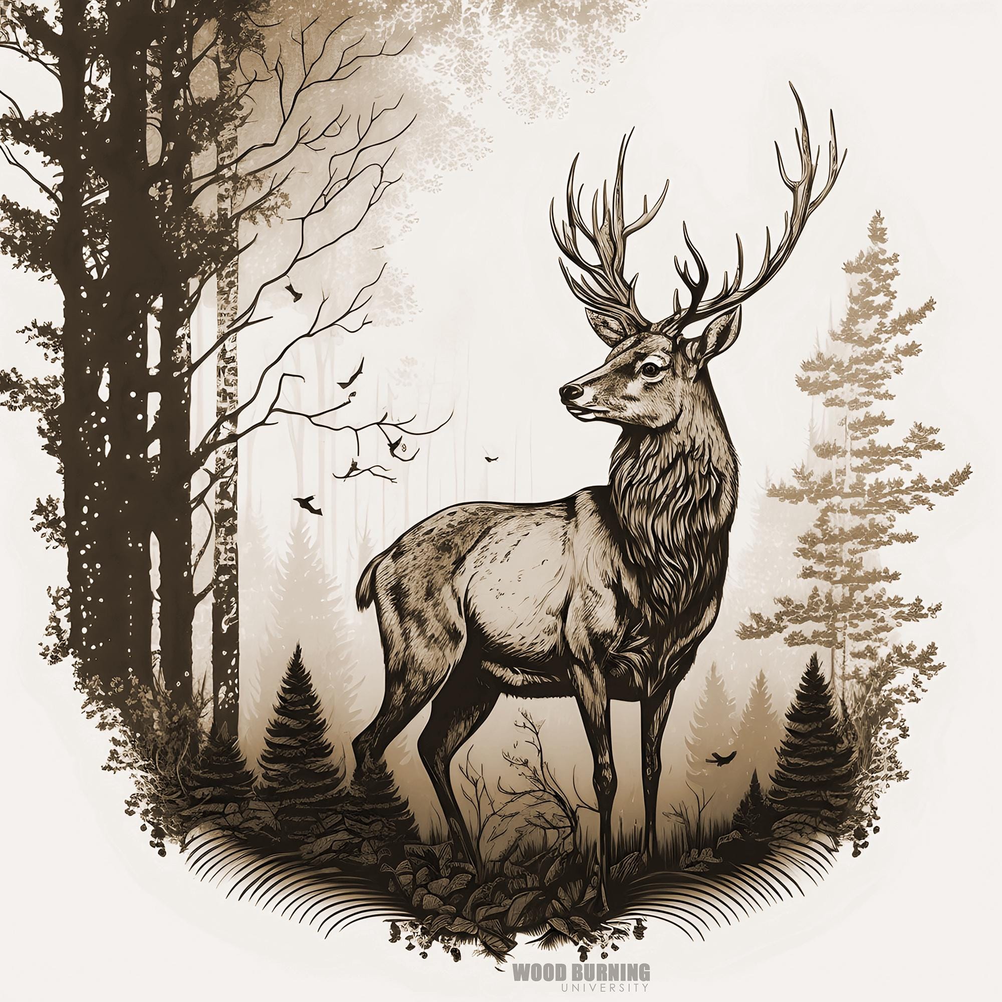 Stag in Forest Wood Burning Pattern – Majestic Deer Pyrography Design ...