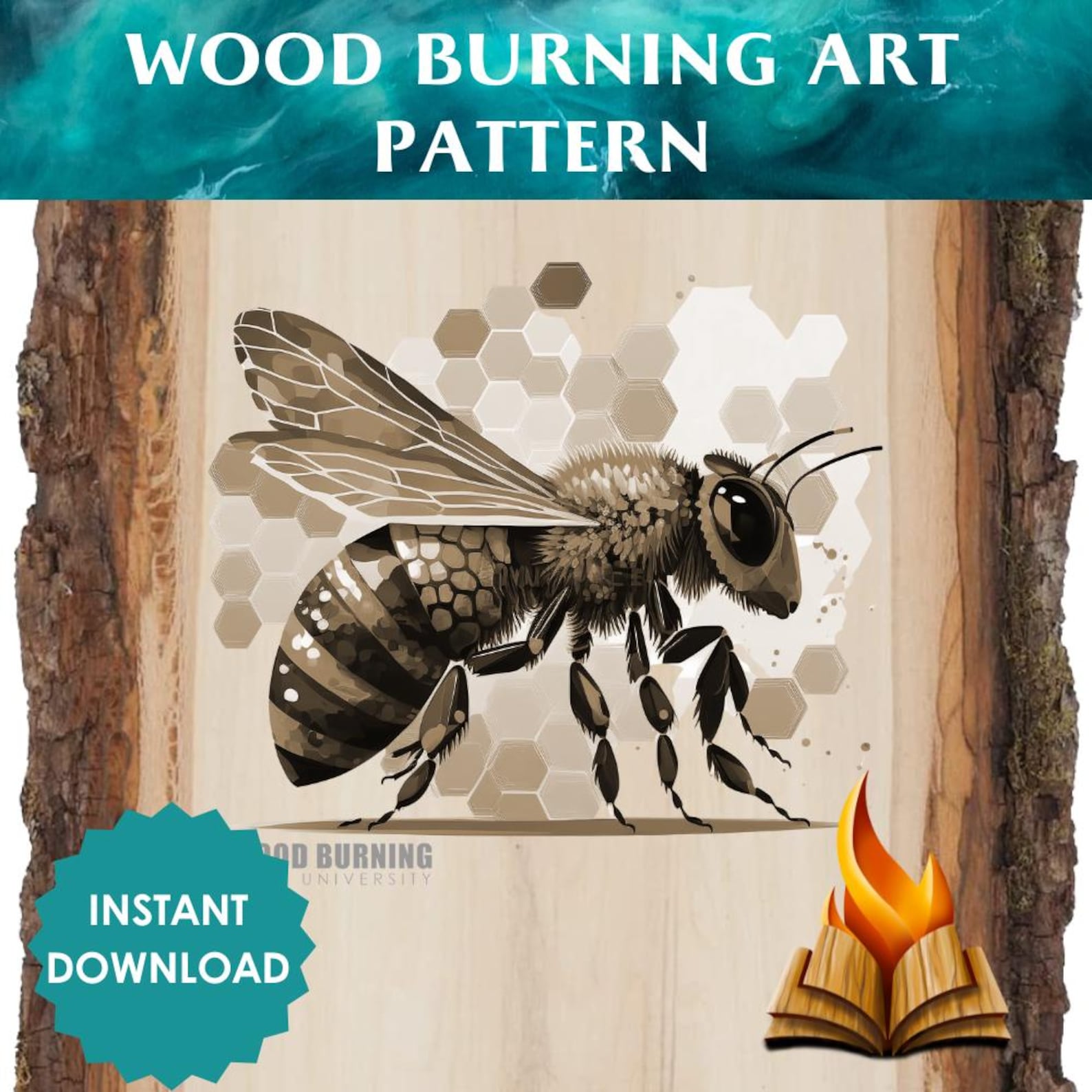 Bee Wood Burning Pattern – Realistic Pyrography Design, Honeycomb Art ...
