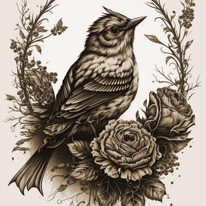 Floral Bird Pyrography Pattern – Elegant Wood Burning Art (digital ...