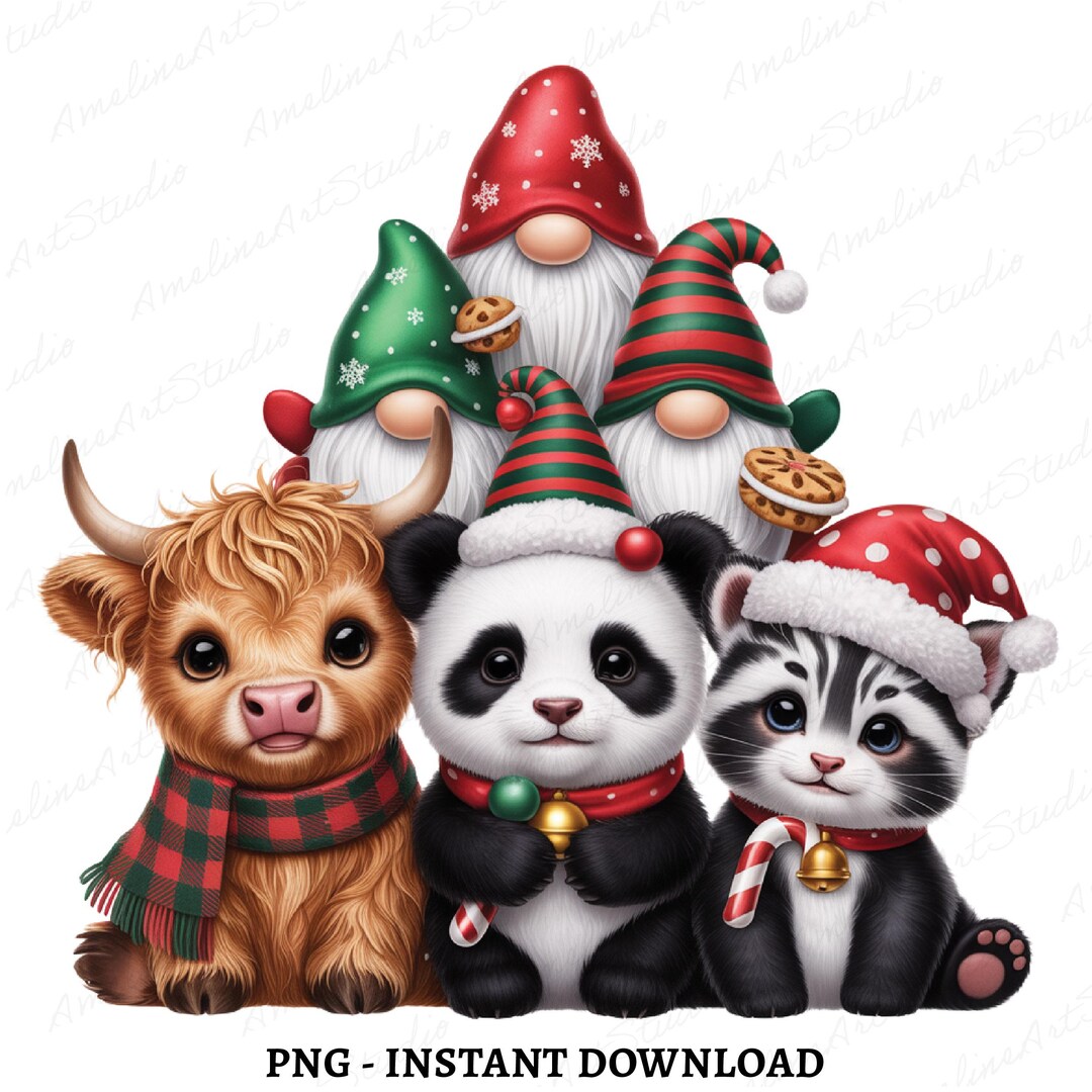 Kawaii Christmas Animals PNG, Gnome, Panda, Cow, Cat (digital Download ...