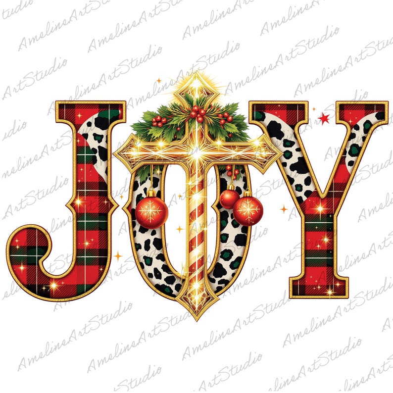 JOY Christmas Cross – Plaid Leopard Bible Verse Christian Holiday PNG ...