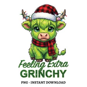 Grinchy Highland Cow PNG, Christmas Lights, Plaid Santa Hat (digital ...