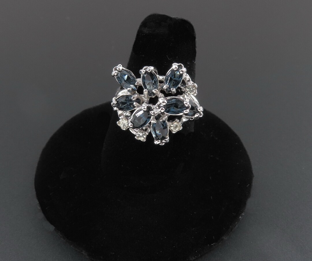 Blue Rhinestone Ring, Faux Sapphire Ring, Cluster Ring, Cocktail Ring ...