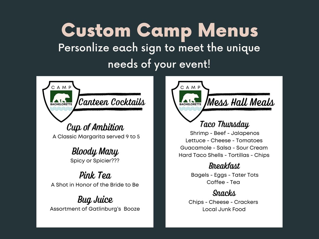 Customizable Camp-themed Event Menus | Printable Personalized Food ...