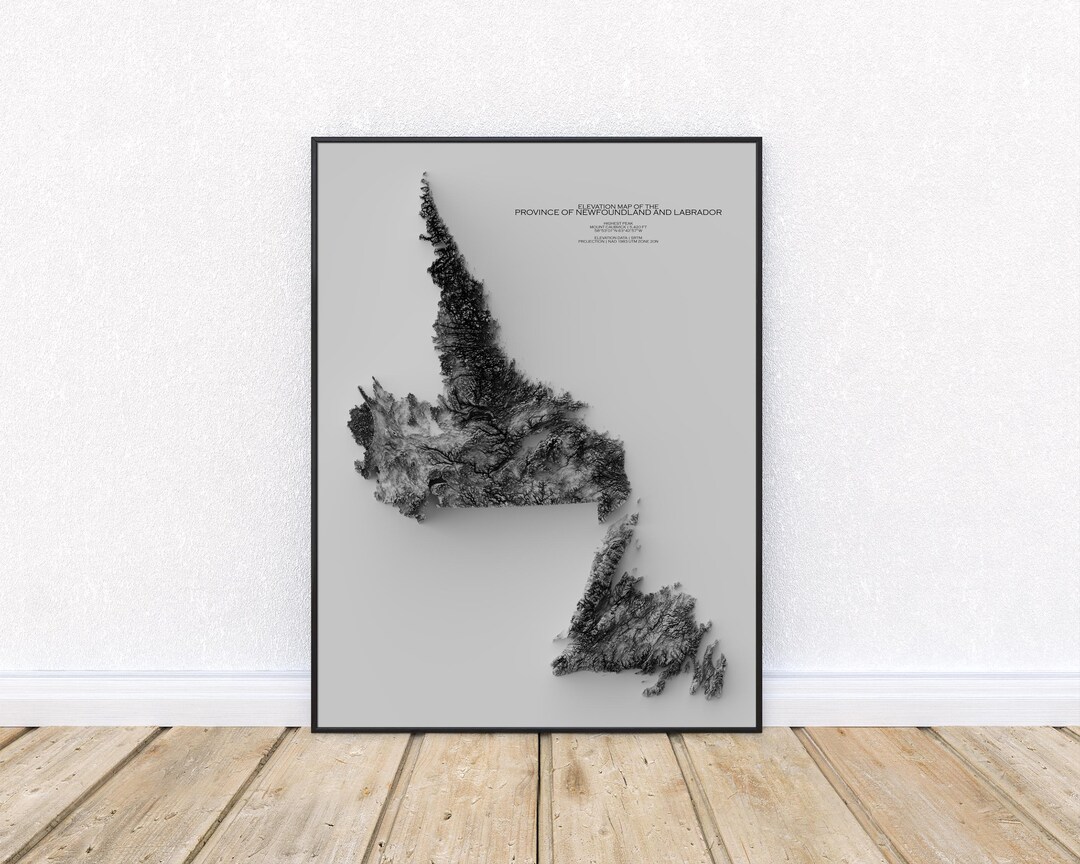 Elevation Map of Newfoundland and Labrador – Black & White Topographic ...