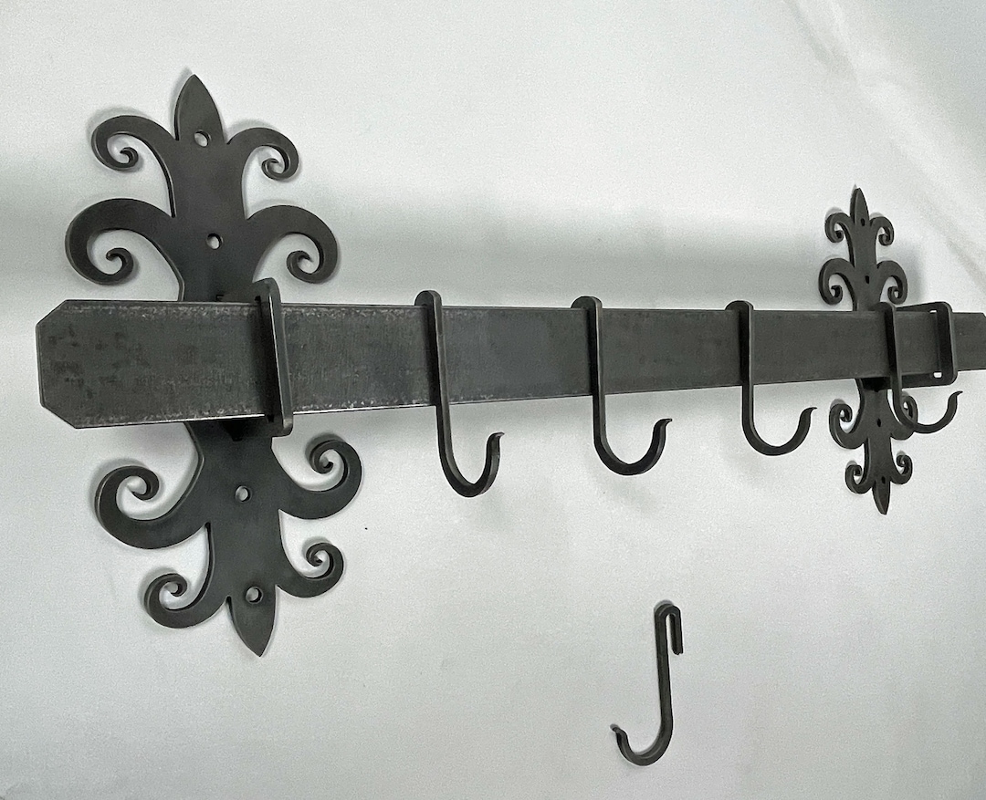 Wall Mounted Steel Pot Rack Scrolled Ends Sliding Hooks Pick Your ...