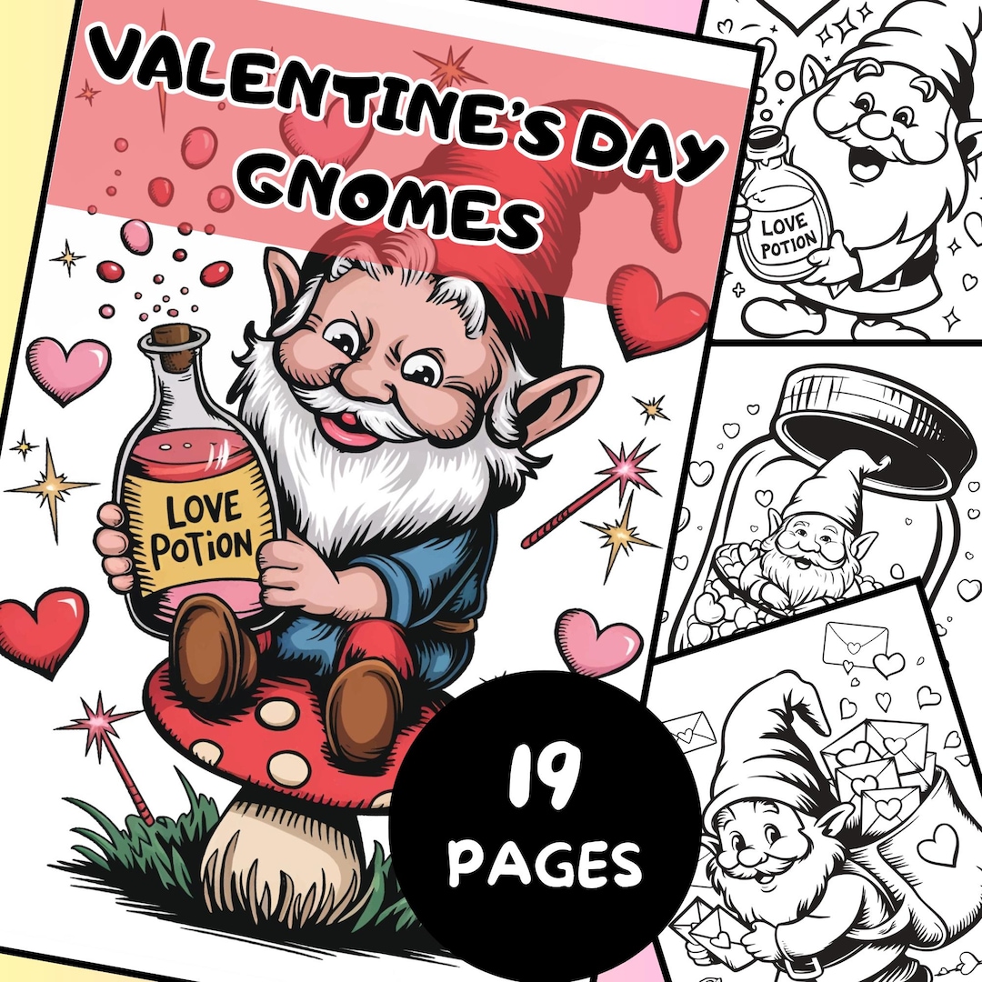 Valentine's Day Gnomes Coloring Pages: 19 Printable Designs (digital ...