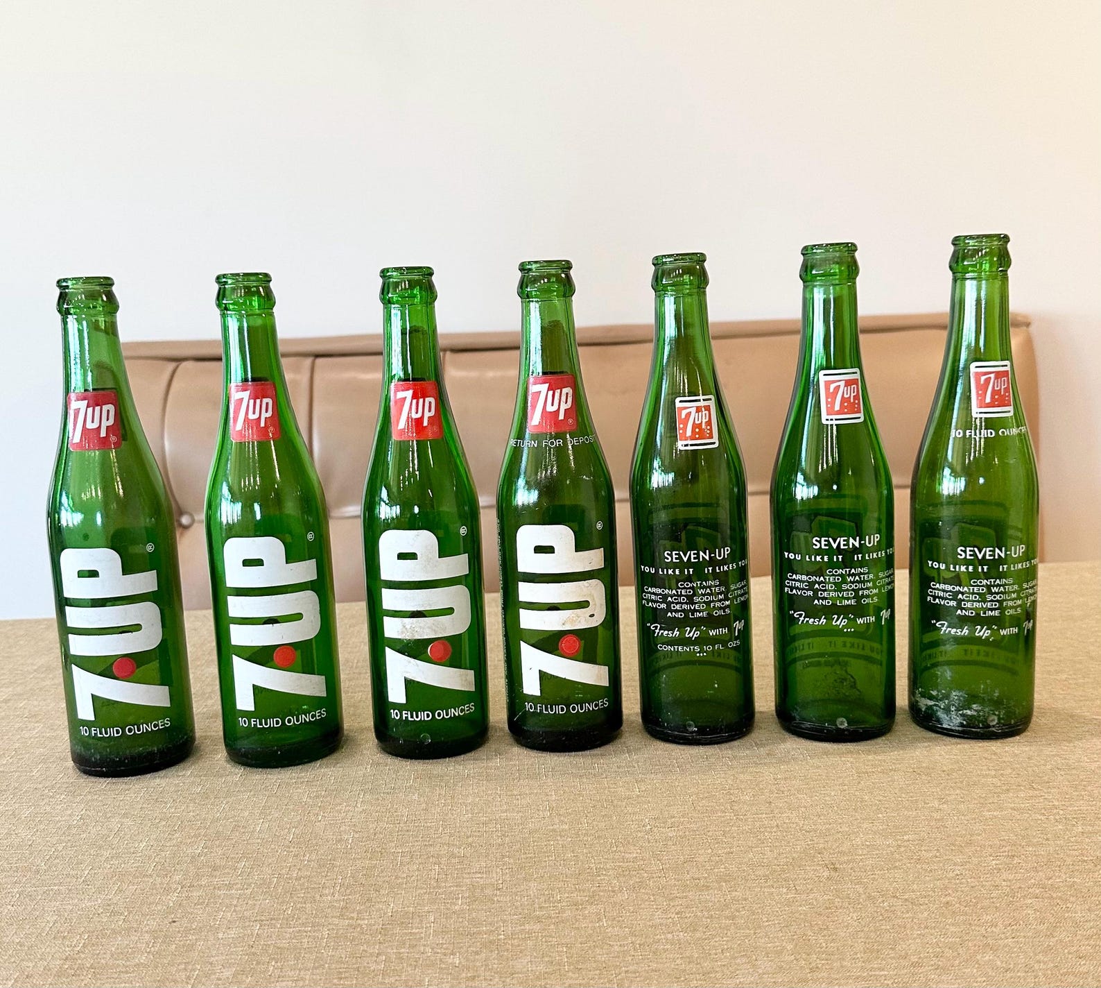 Vintage 7UP Glass Bottles, Pop, Soda, Advertising, Green, Cabin, Garage ...
