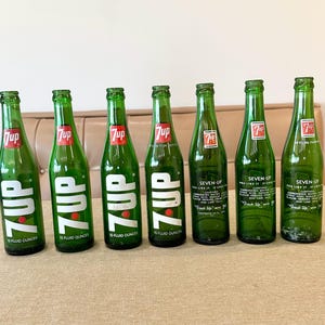 Vintage 7UP Glass Bottles, Pop, Soda, Advertising, Green, Cabin, Garage ...
