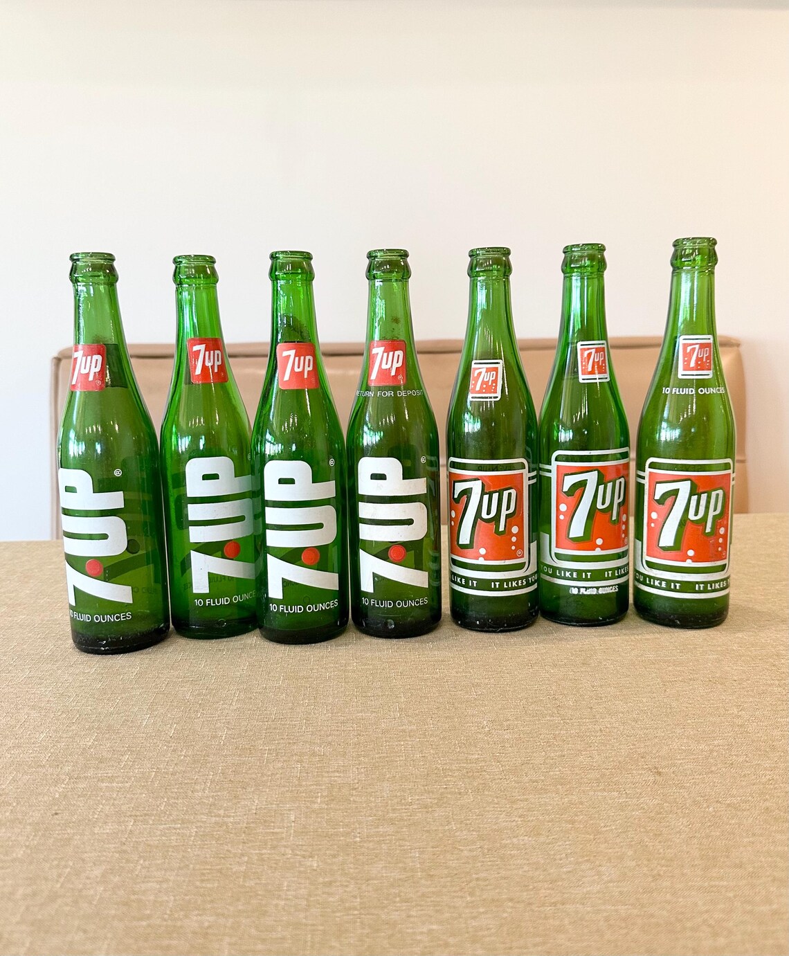 Vintage 7UP Glass Bottles, Pop, Soda, Advertising, Green, Cabin, Garage ...