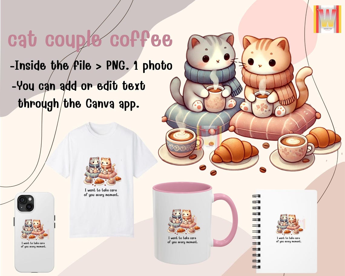 Custom Template / Logo PNG Cute Cozy Cats With Coffee - Editable Text ...