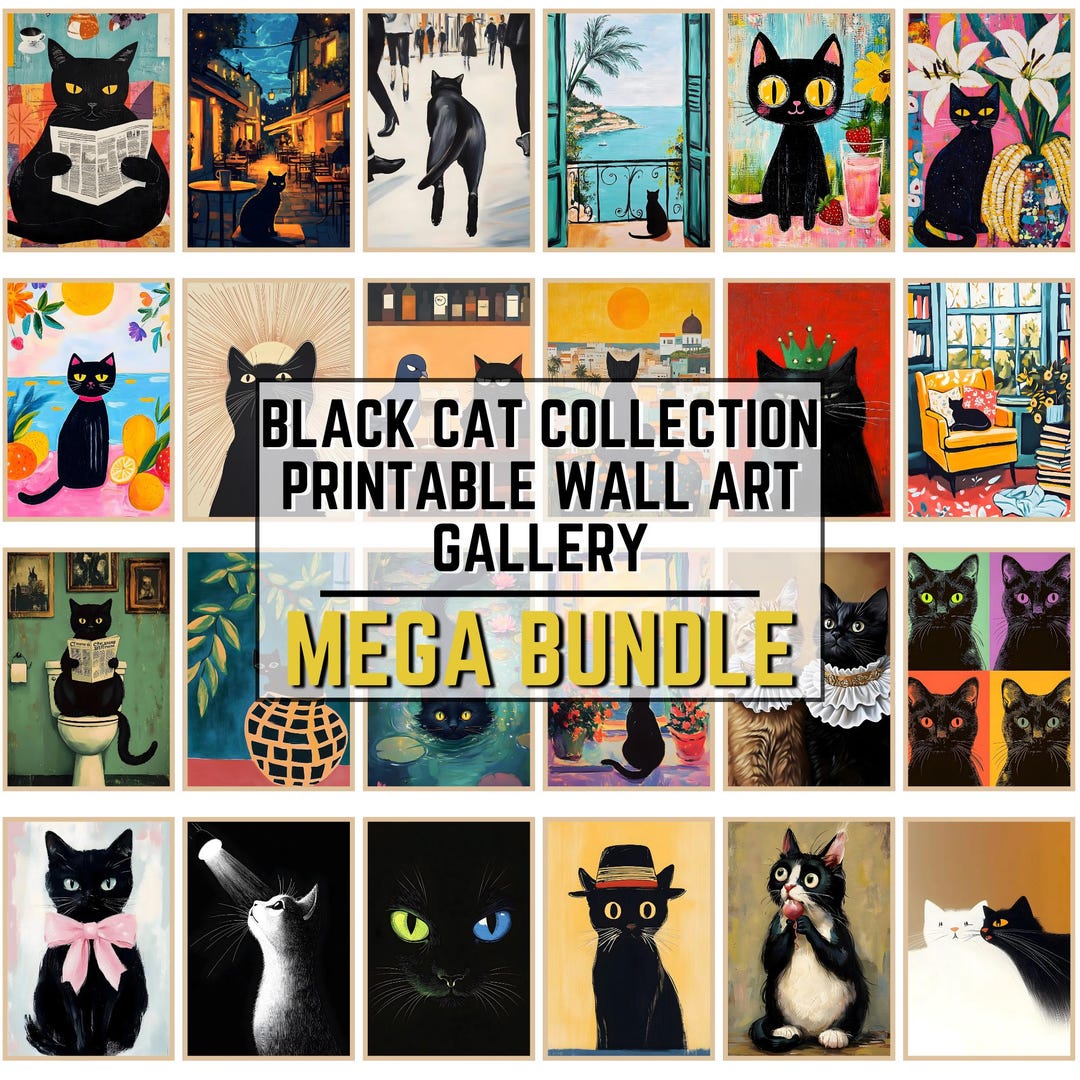 Black Cat Wall Art Mega Bundle | Printable Gallery, Whimsical Feline ...