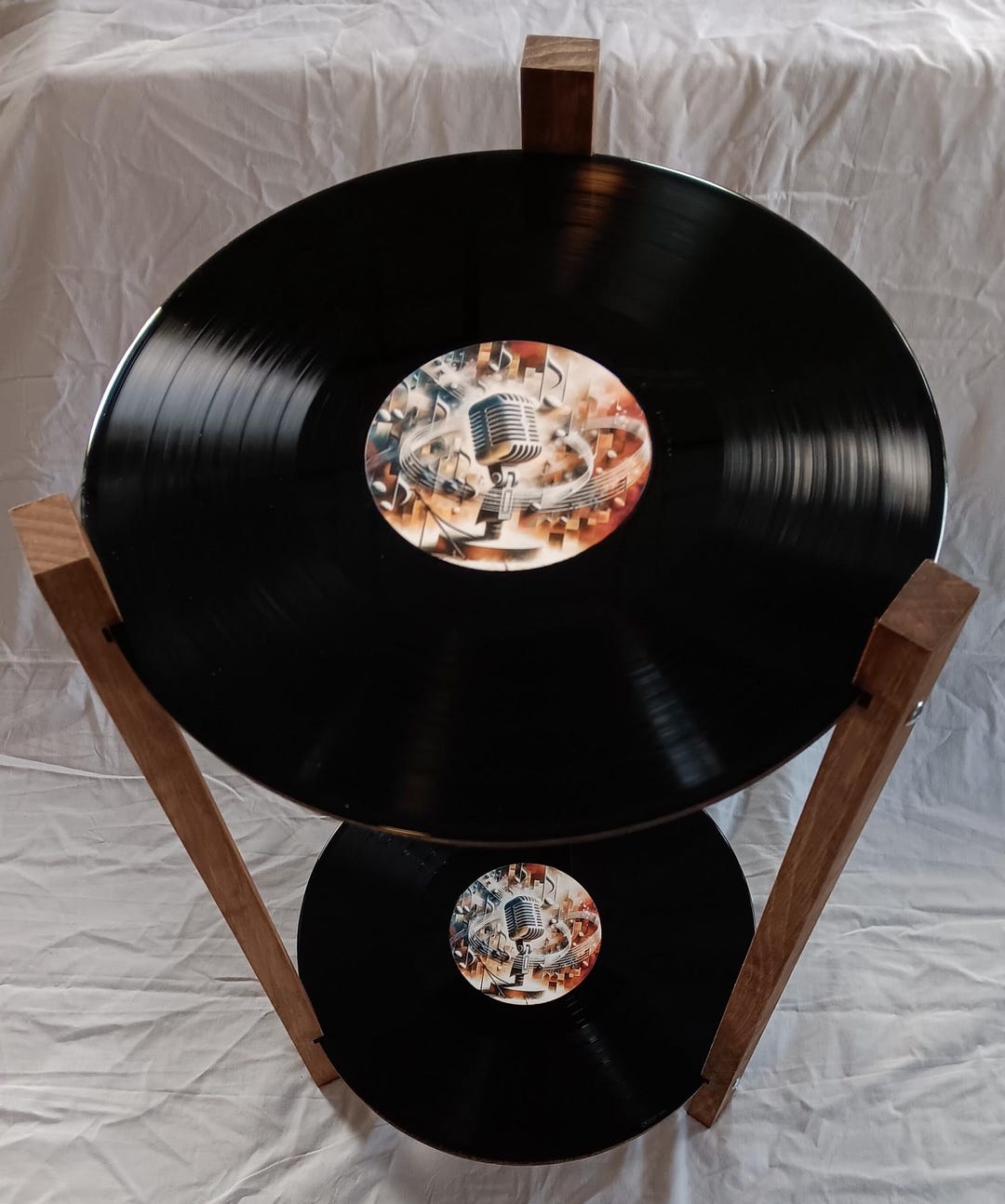 Record Table, Two Shelf LP Retro Record Side Table, Vintage Microphone ...