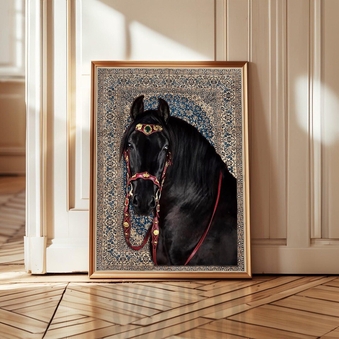 Persian Rug and Black Hourse Wall Art, Vintage Rug Art Print, Antique ...