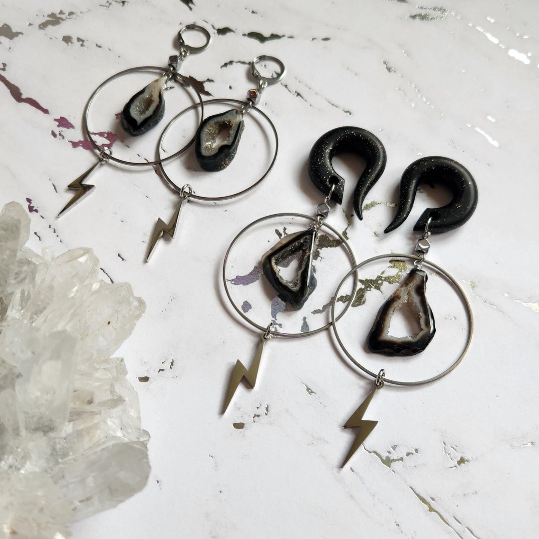 Dark Stormy Geode Druzy Hoop Gauges // Lightning Bolts // Hematite ...