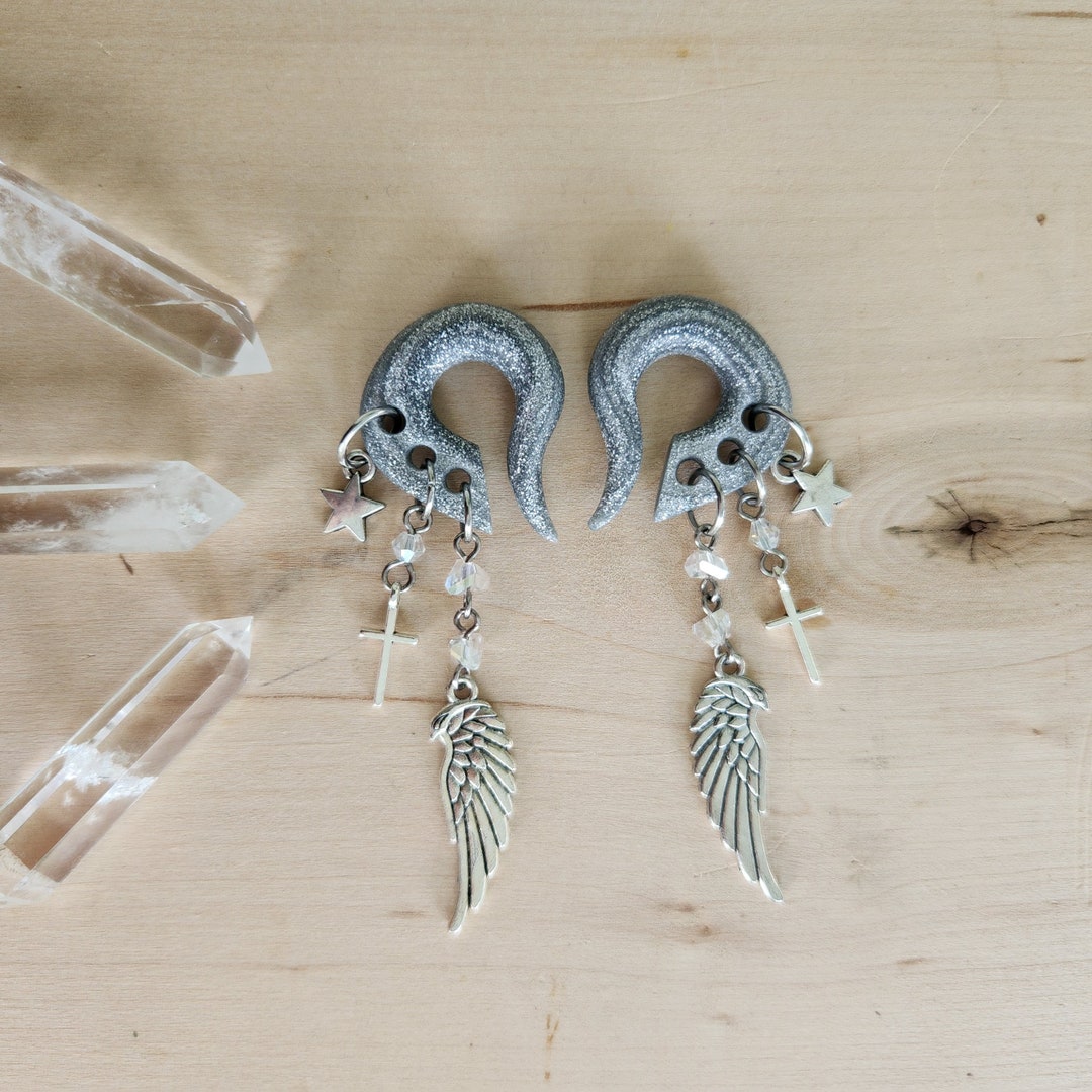 Silver Angelic Charmed Gauges // Cross // Angel Wings // Star // Silver ...