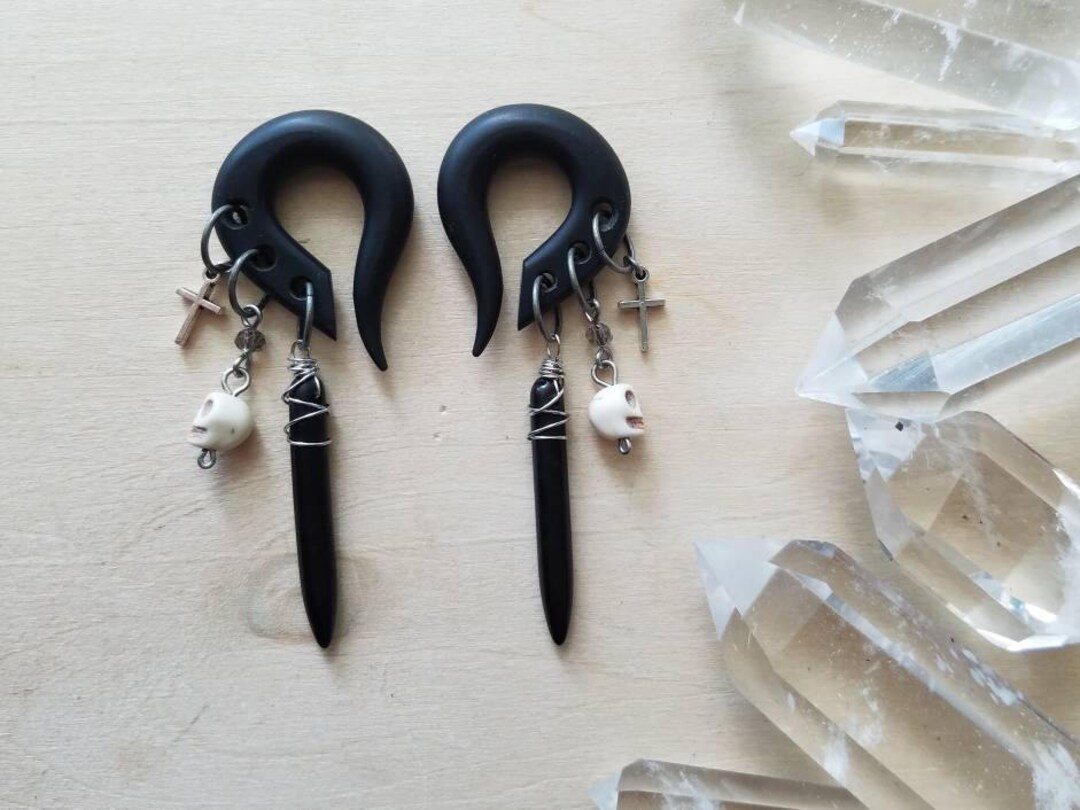 Silver Gothic Charmed Gauged Earring // Skull // Cross // Spikes ...