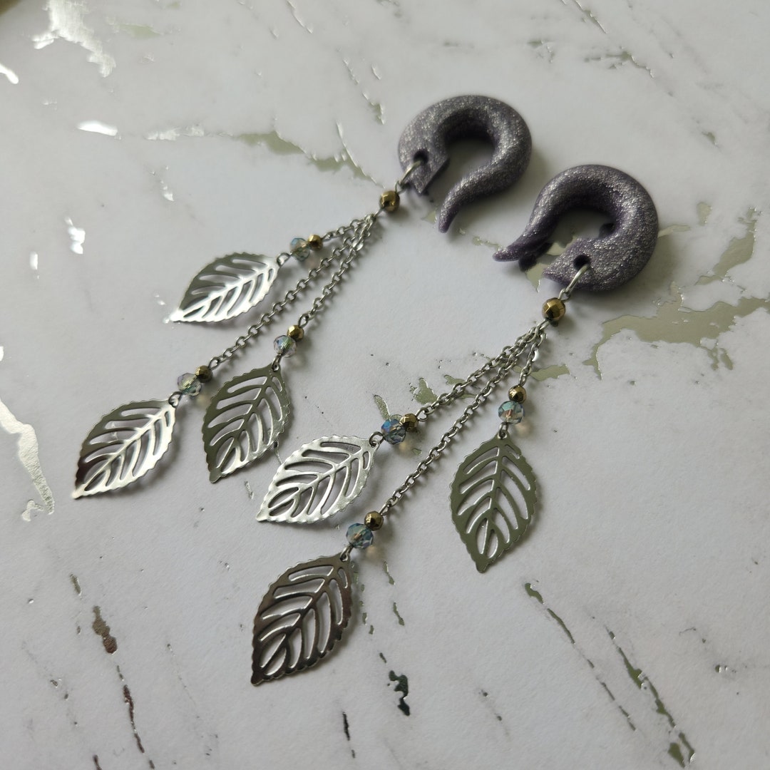 Dancing Silver Mystic Leaf Drop Gauges // Gold Hematite Stones // AB ...
