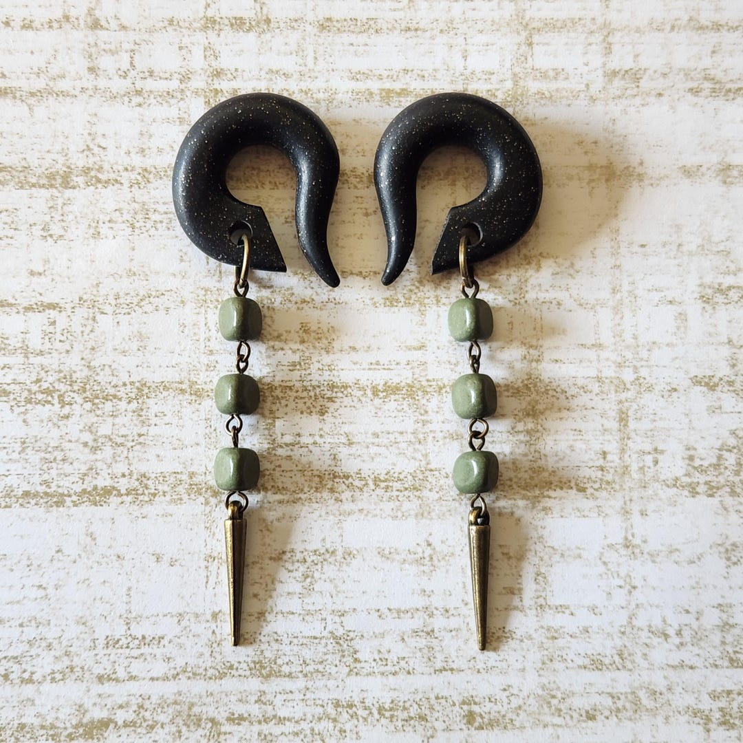 Green Jade Gemstone Drop Gauged Earrings // Vintage Bronze Spike ...