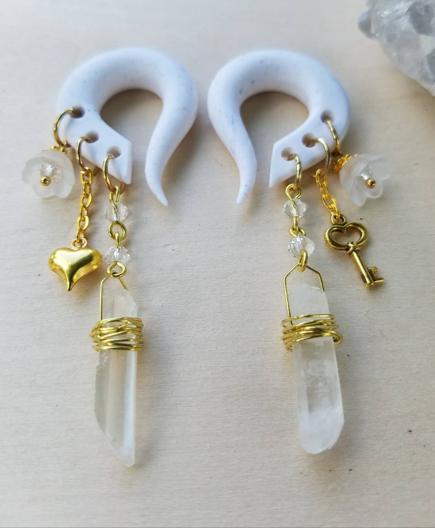 Gold Crystal Secret Garden Charmed Gauges // Raw Quartz | Etsy