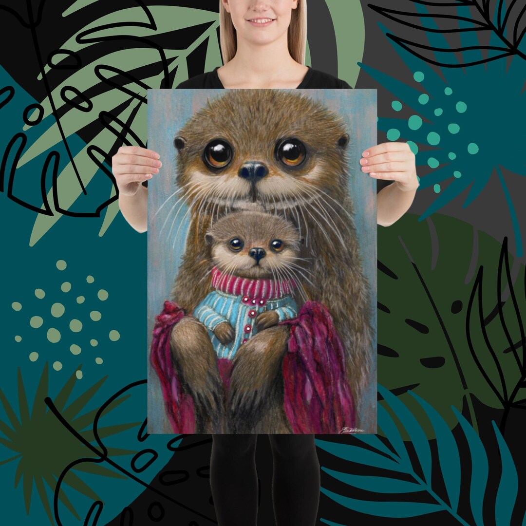 Otter Mother Holding Pup Poster, Two Whimsical Otters, Cute Otters ...