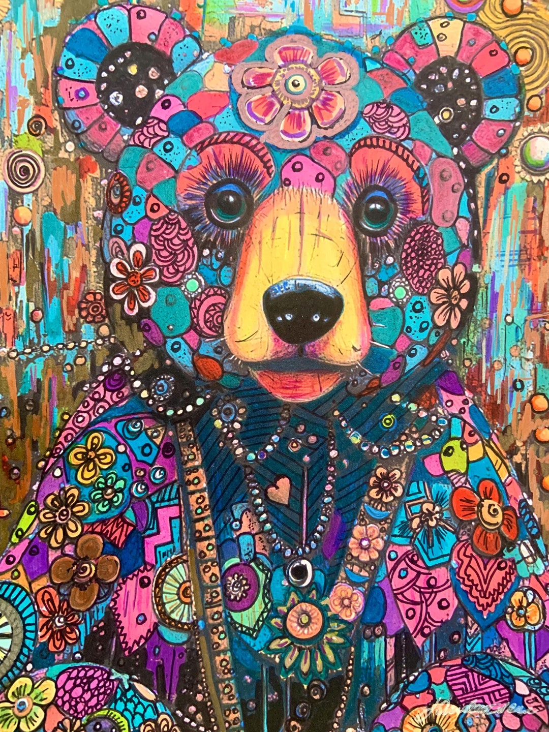 Vibrant Hippy Bear Original Drawing, Whimsical, Cute, Vibrant, Surreal, Intricate, Enchanting ...