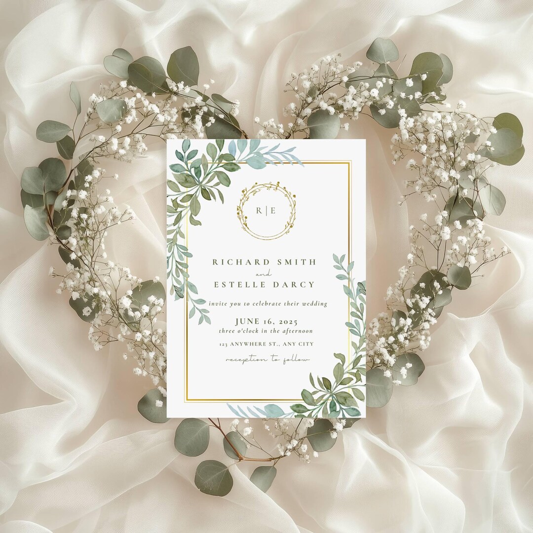 Greenery and Gold Wedding Invitation –gold Initial Frame Design ...