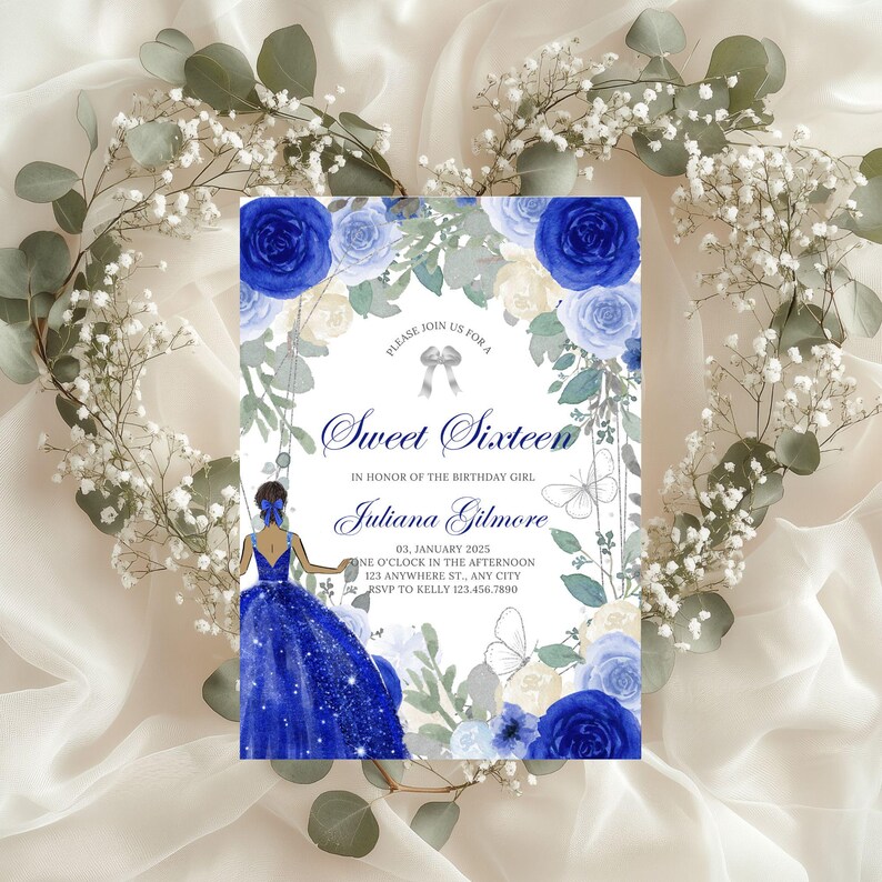 Royal Blue Sweet Sixteen Invitation: Elegant Floral, Butterfly Design ...