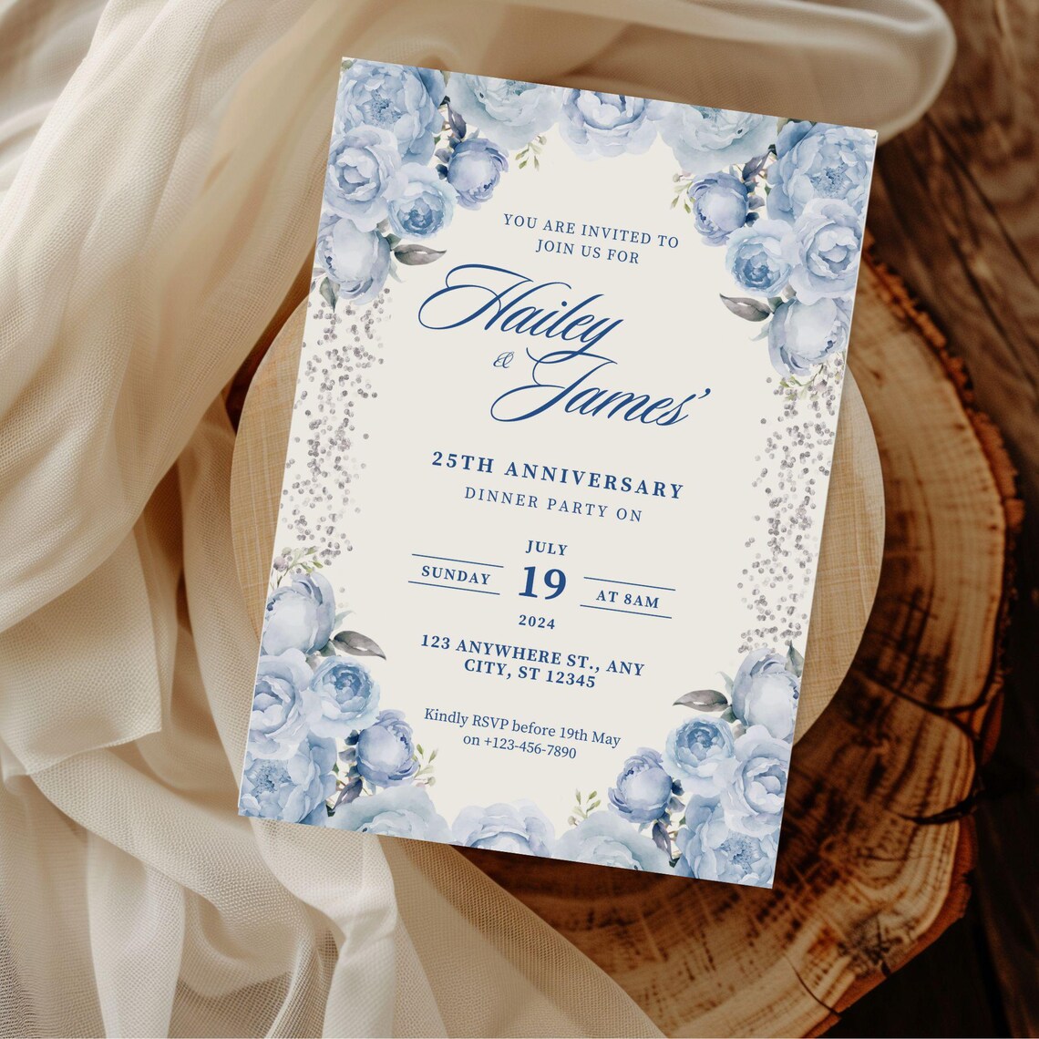 Dusty Blue Floral Anniversary Invitation: Elegant Printable Invite ...