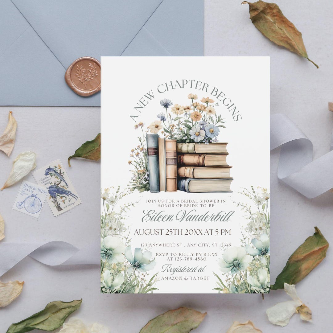 A New Chapter Begins Bridal Shower Invitation - Book Lover, Wildflower Love Story Bridal Shower ...